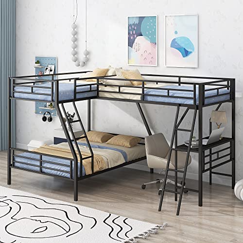 DEYOBED Twin & Twin Over Full L-Shaped Metal Triple Bed Bunk Bed with Twin Size Loft Bed Desk for 3 Kids Teens