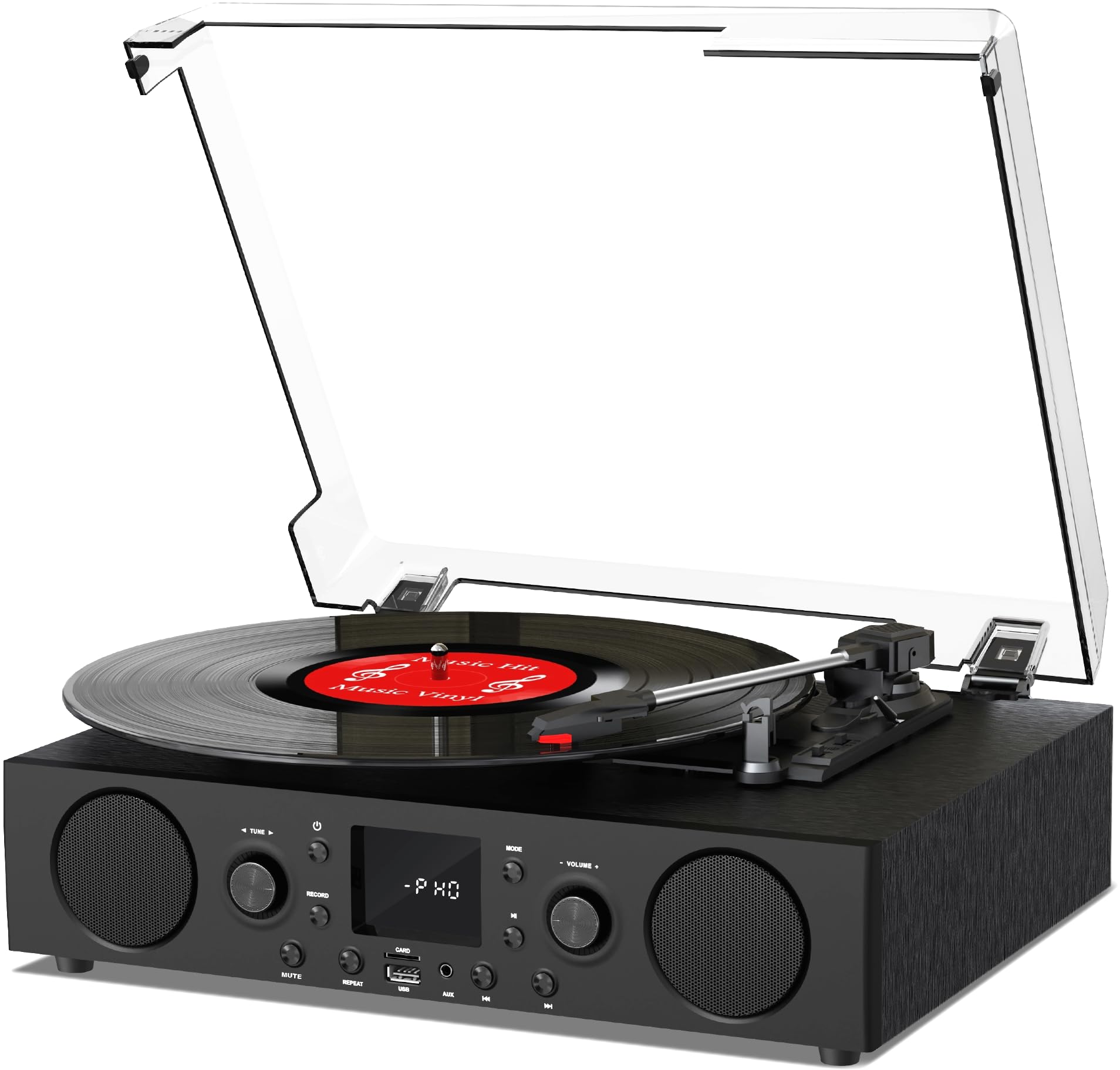Record Player with Speakers 3 Speed Bluetooth USB Recording FM Radio Vintage LP Player with Stereo Sound Turntable for Vinyl Records Support Bluetooth RCA AUX-in, Black