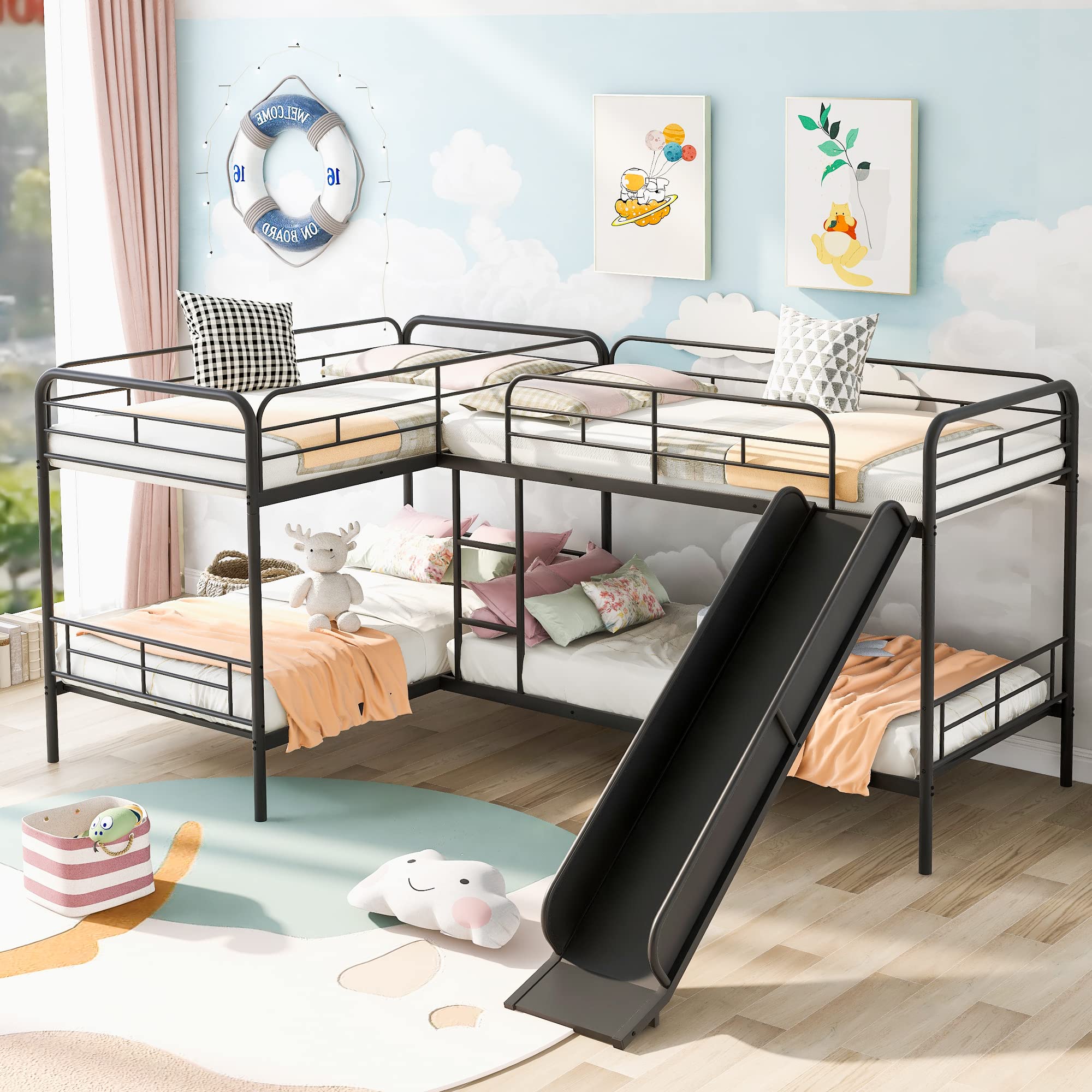 Lepfun L-Shaped Bunk Beds with Slide and Ladder, Metal Quad Bunk Beds, 4 in 1 Twin Size Bunk Bed for Kids, Teens, Adults, Black