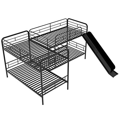 MOEO Twin Size L-Shaped Bunk Bed with Slide, Metal Bunkbed Frame w/Ladder & Safety Guardrail for 4, Bedroom, Home, No Spring Box Needed, Black