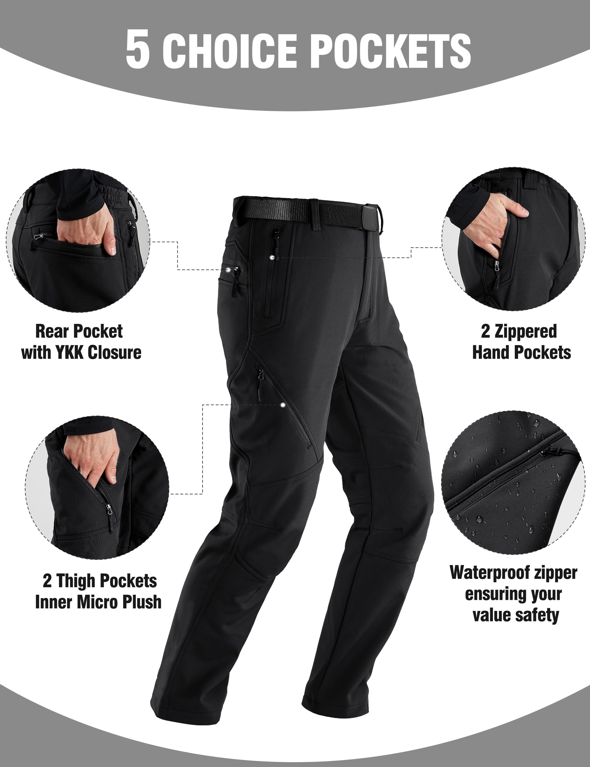 FREE SOLDIER Men's Fleece Lined Outdoor Cargo Hiking Pants Water Repellent Softshell Snow Ski Pants with Zipper Pockets (Black 32W x 30L)