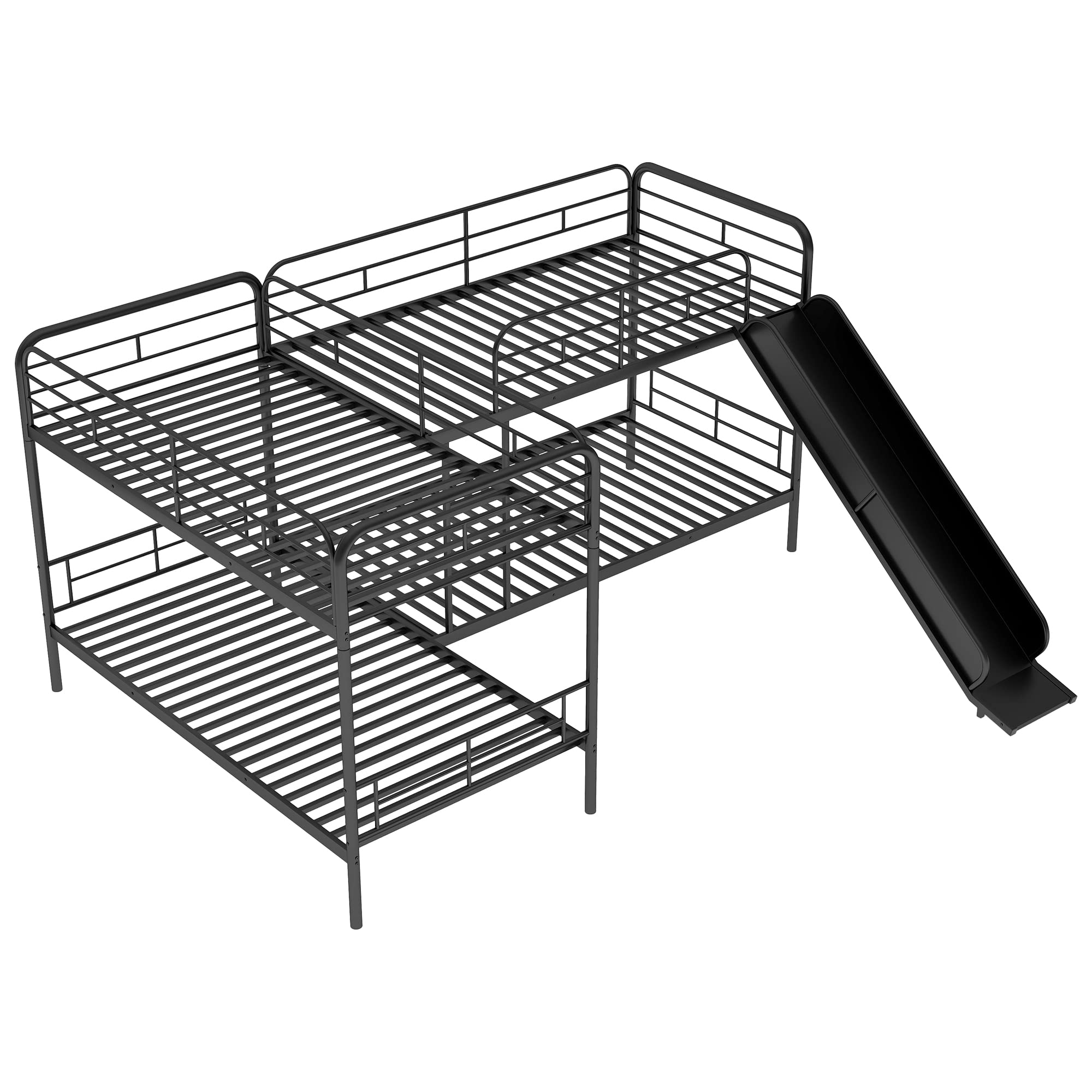 Lepfun L-Shaped Bunk Beds with Slide and Ladder, Metal Quad Bunk Beds, 4 in 1 Twin Size Bunk Bed for Kids, Teens, Adults, Black