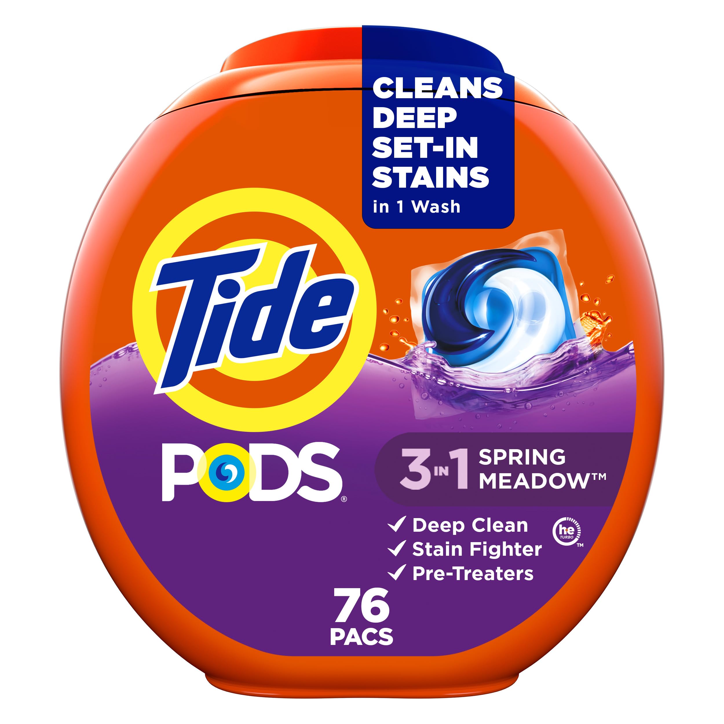 Tide PODS Liquid Laundry Detergent Soap Pacs, Powerful 3-in-1 Clean in One Step, He Compatible, Spring Meadow Scent, 76 Count