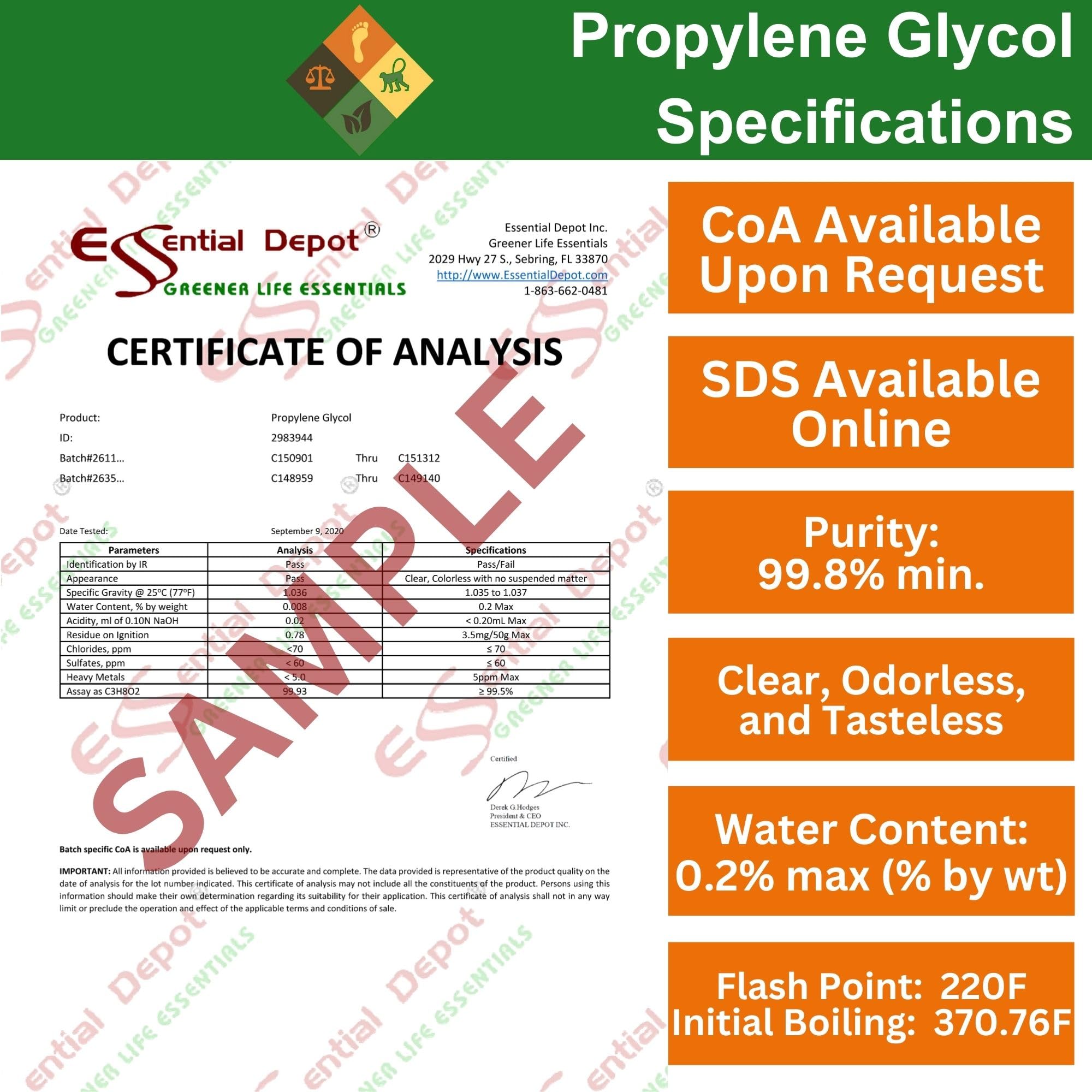 Propylene Glycol - USP - Kosher - Food Grade - USP - Kosher - 36 oz net wt in a 1 Quart Safety Sealed HDPE Container with resealable Cap