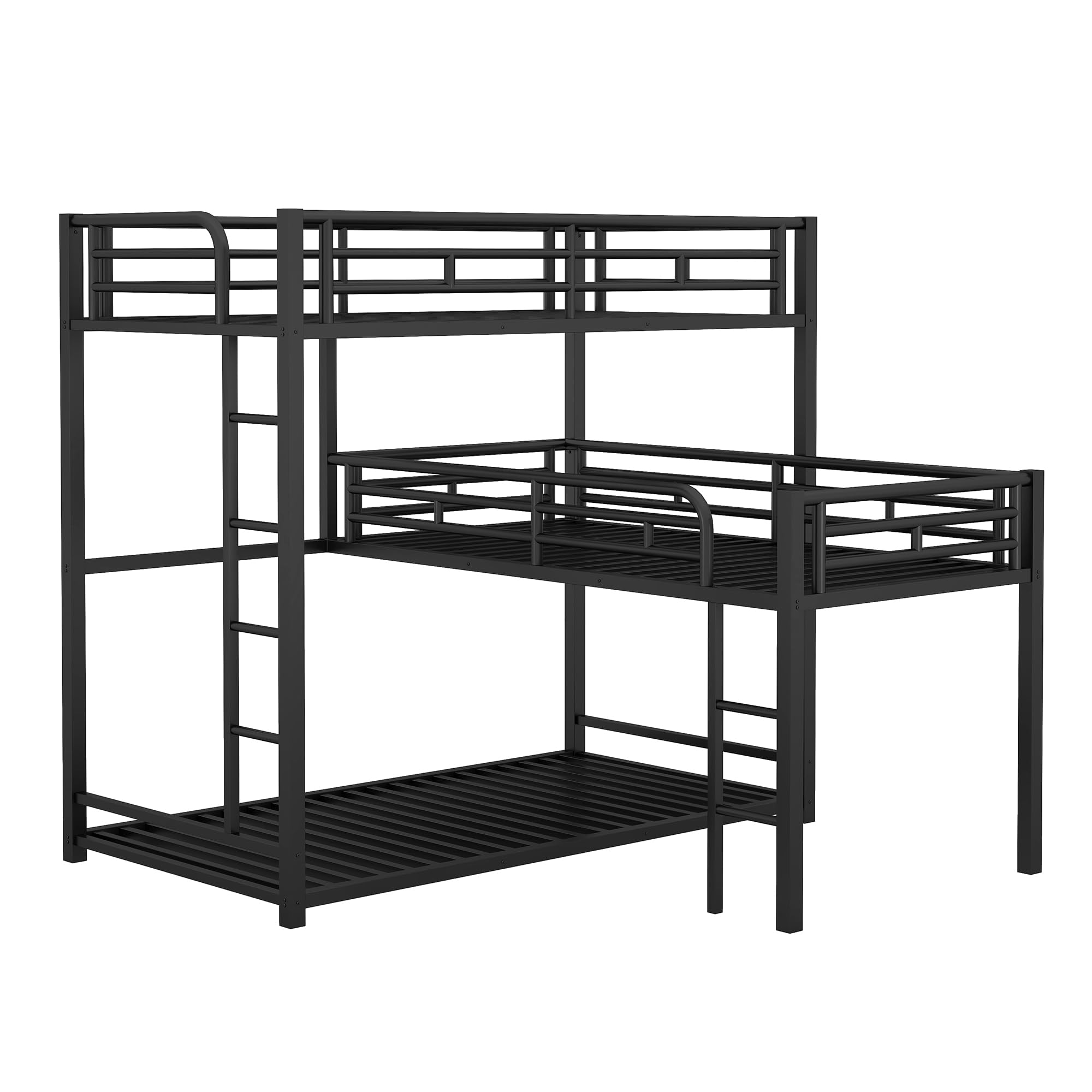 GINGVAT Metal Twin Size Triple Bunk Bed L-Shaped for 3 People, Sturdy Loft Bed Frame with 2 Ladders and Guardrails for Kids, Adults, Black