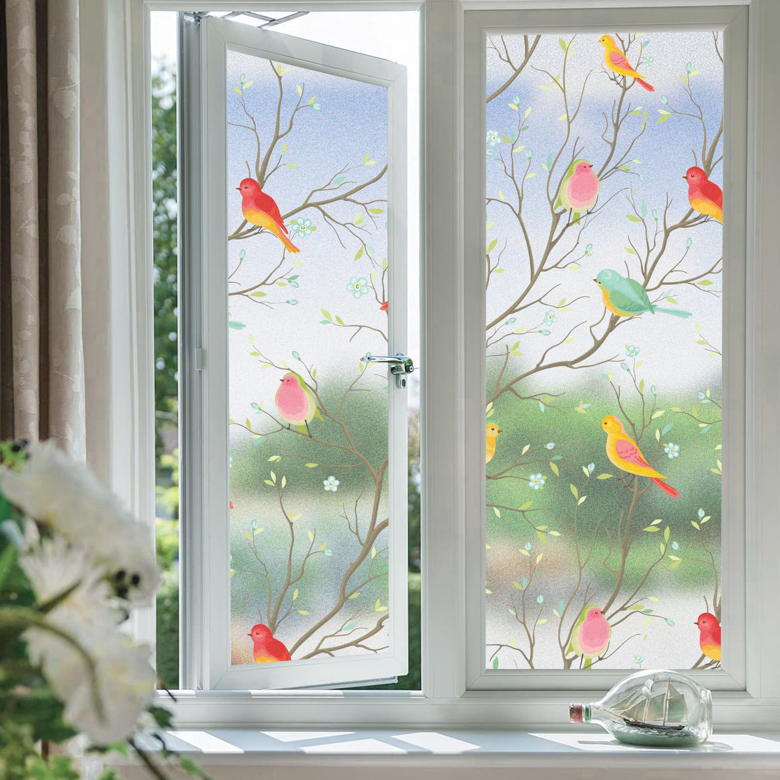 Coavas Window Privacy Film Stained Glass Window Decals Heat Blocking Frosted Birds Window Clings Decorative Bathroom Window Stickers Door Window Coverings for Home 17.8" x 78.7" Translucent
