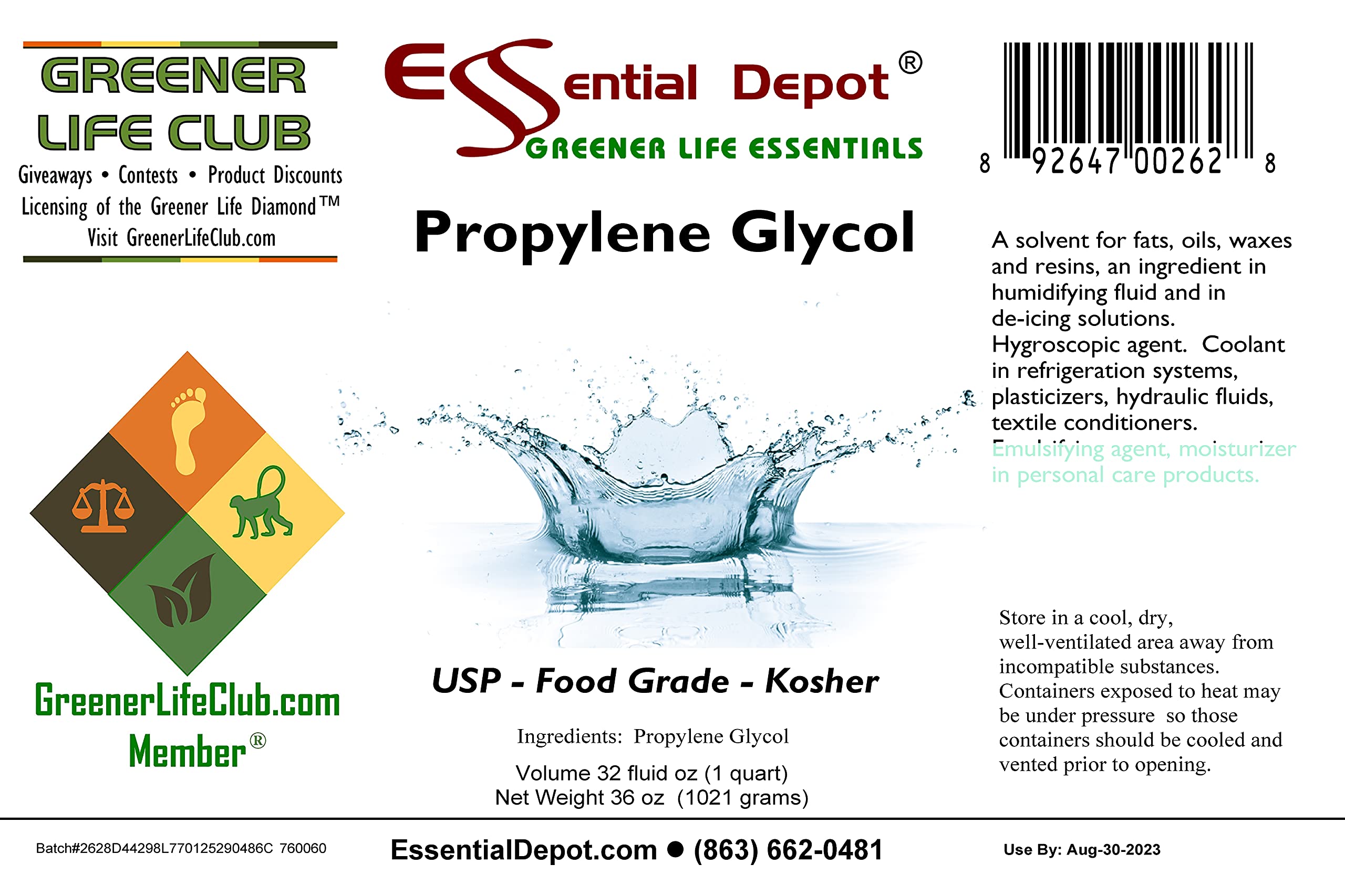 Propylene Glycol - USP - Kosher - Food Grade - USP - Kosher - 36 oz net wt in a 1 Quart Safety Sealed HDPE Container with resealable Cap