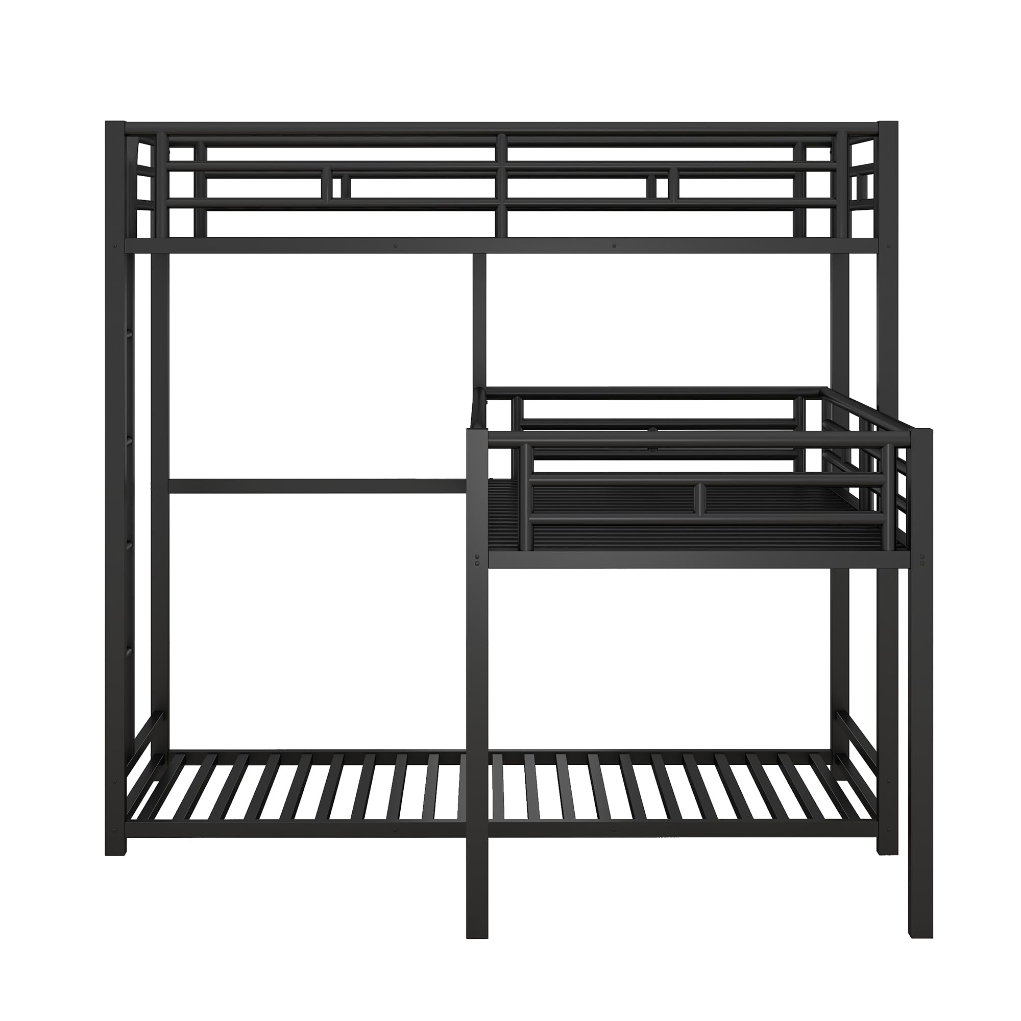 GINGVAT Metal Twin Size Triple Bunk Bed L-Shaped for 3 People, Sturdy Loft Bed Frame with 2 Ladders and Guardrails for Kids, Adults, Black