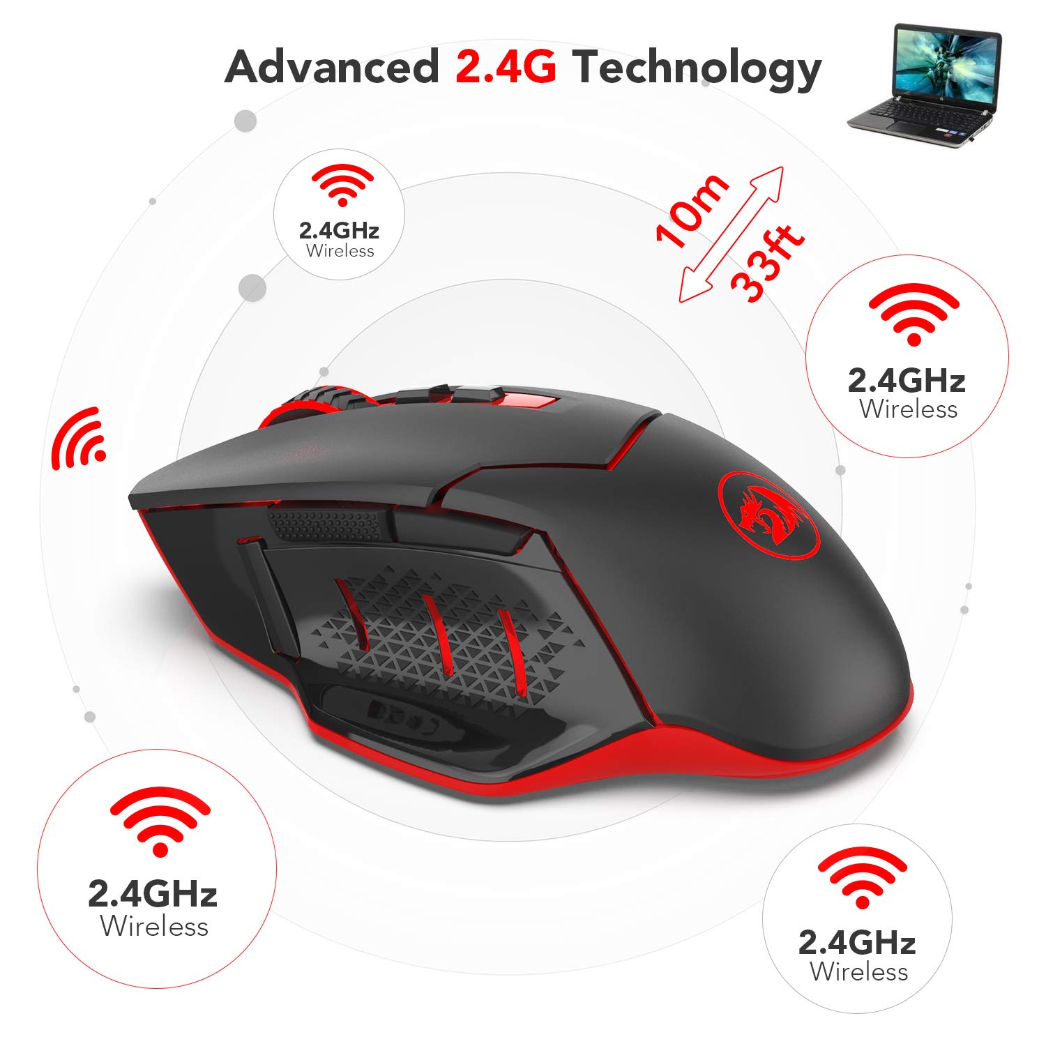 Redragon M690-1 Wireless Gaming Mouse with DPI Shifting, 2 Side Buttons, 2400 DPI, Ergonomic Design, 8 Buttons-Black