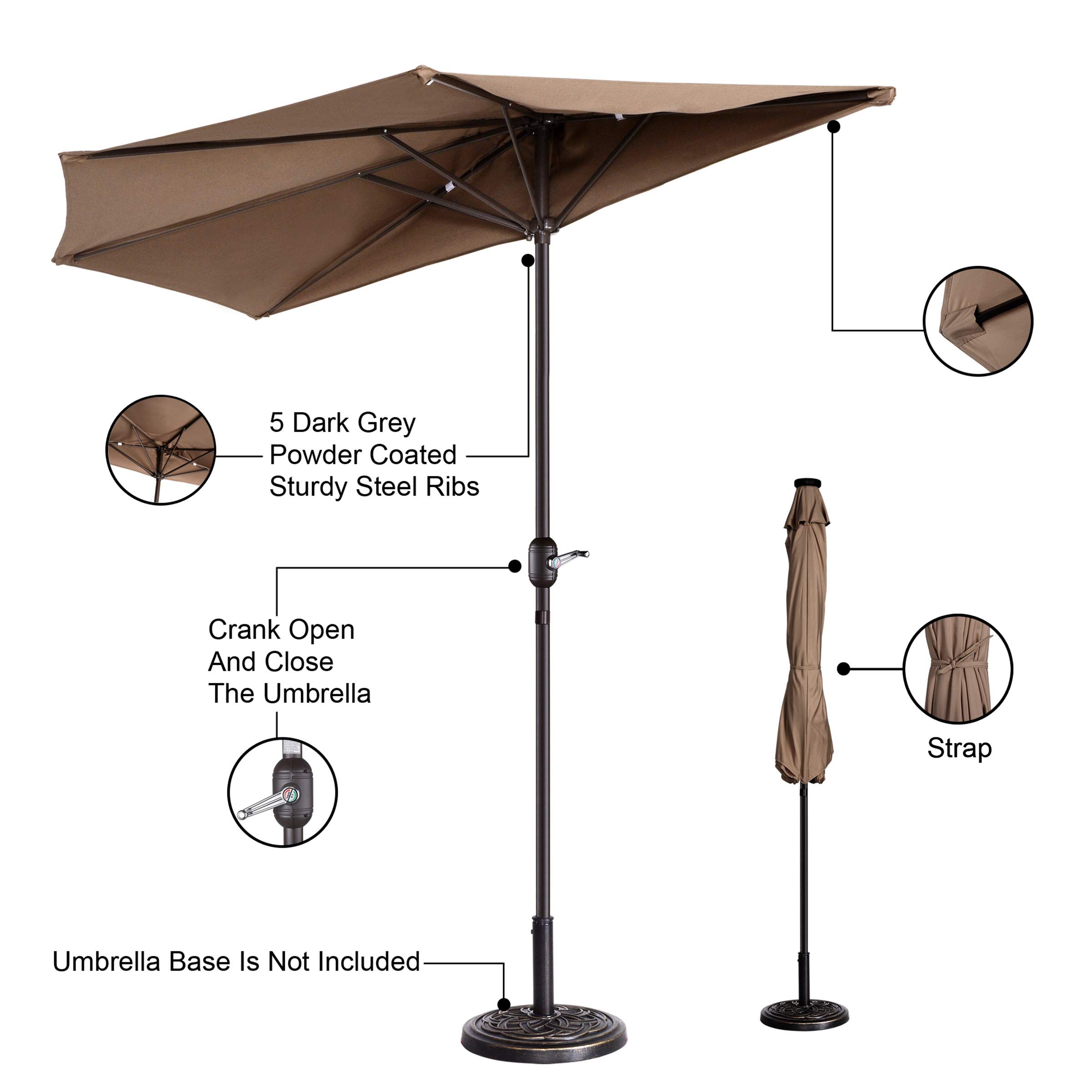 Villacera 83-OUT5464 9' Outdoor Patio Half 5 Ribs Fade Resistant Condo or Townhouse Umbrella in Brown, Height: 7β 11β. Canopy Diameter (Coverage Area): 9 ft