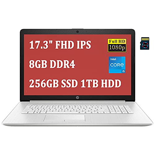 HP 17 Premium Laptop I 17.3" FHD IPS Display I 11th Gen Intel 4-Core i5-1135G7 (> i7-10510U) I 8GB DDR4 256GB SSD 1TB HDD I Intel Iris Xe Graphics Webcam Win10 Silver + 32GB Micro SD Card