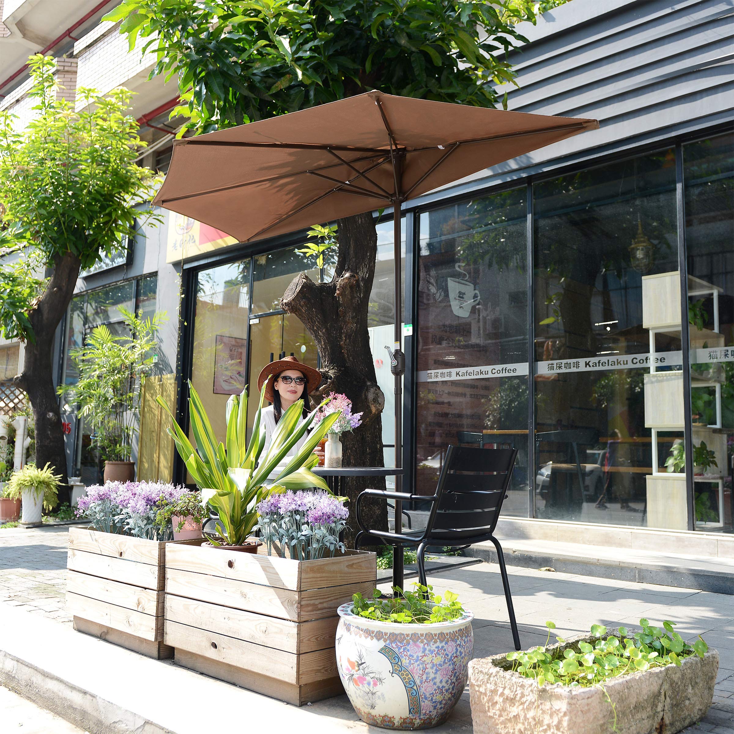 Villacera 83-OUT5464 9' Outdoor Patio Half 5 Ribs Fade Resistant Condo or Townhouse Umbrella in Brown, Height: 7β 11β. Canopy Diameter (Coverage Area): 9 ft