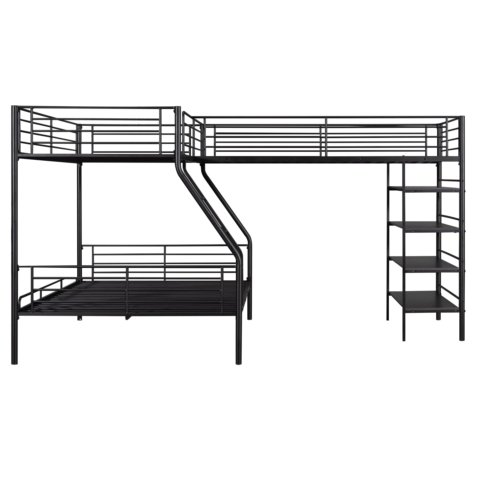 DEYOBED Twin Over Full L-Shaped Metal Bunk Bed - Triple Bed Design with Loft and Convenient Open Shelves for Kids, Teens, Adults