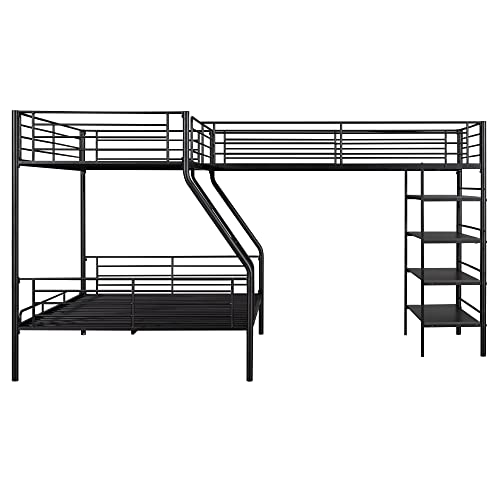 DEYOBED Twin Over Full L-Shaped Metal Bunk Bed - Triple Bed Design with Loft and Convenient Open Shelves for Kids, Teens, Adults