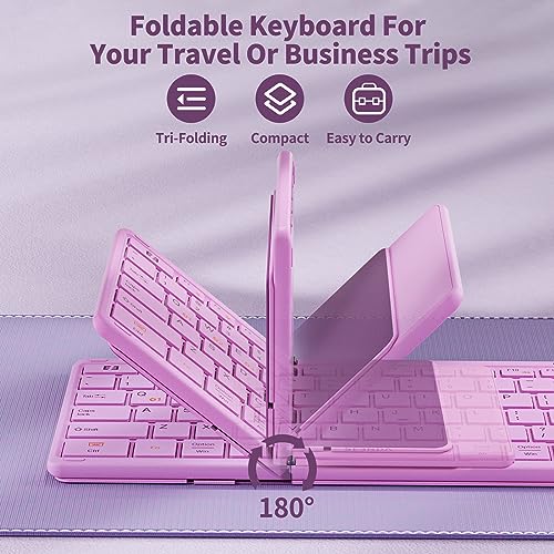 seenda Foldable Bluetooth Keyboard for Travel, Portable Wireless Folding Keyboard with Number Pad, Full-Size Rechargeable Keyboard for Laptop Tablet PC Mac Windows iOS Android - Purple Pink