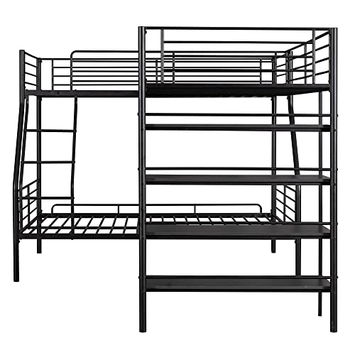 DEYOBED Twin Over Full L-Shaped Metal Bunk Bed - Triple Bed Design with Loft and Convenient Open Shelves for Kids, Teens, Adults