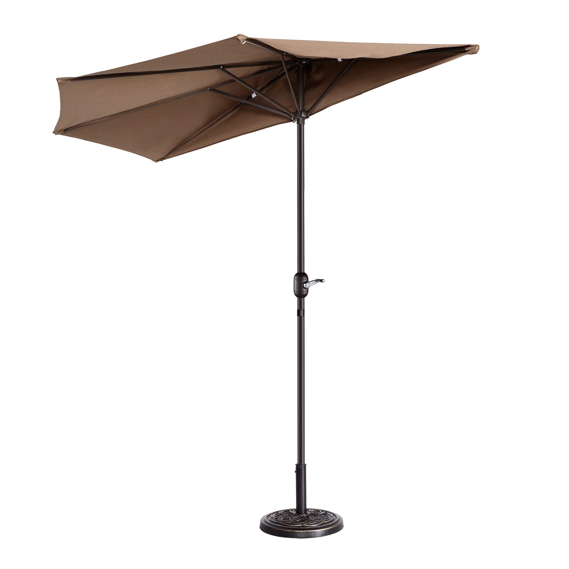 Villacera 83-OUT5464 9' Outdoor Patio Half 5 Ribs Fade Resistant Condo or Townhouse Umbrella in Brown, Height: 7’ 11”. Canopy Diameter (Coverage Area): 9 ft