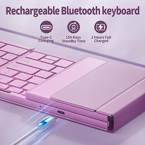 seenda Foldable Bluetooth Keyboard for Travel, Portable Wireless Folding Keyboard with Number Pad, Full-Size Rechargeable Keyboard for Laptop Tablet PC Mac Windows iOS Android - Purple Pink