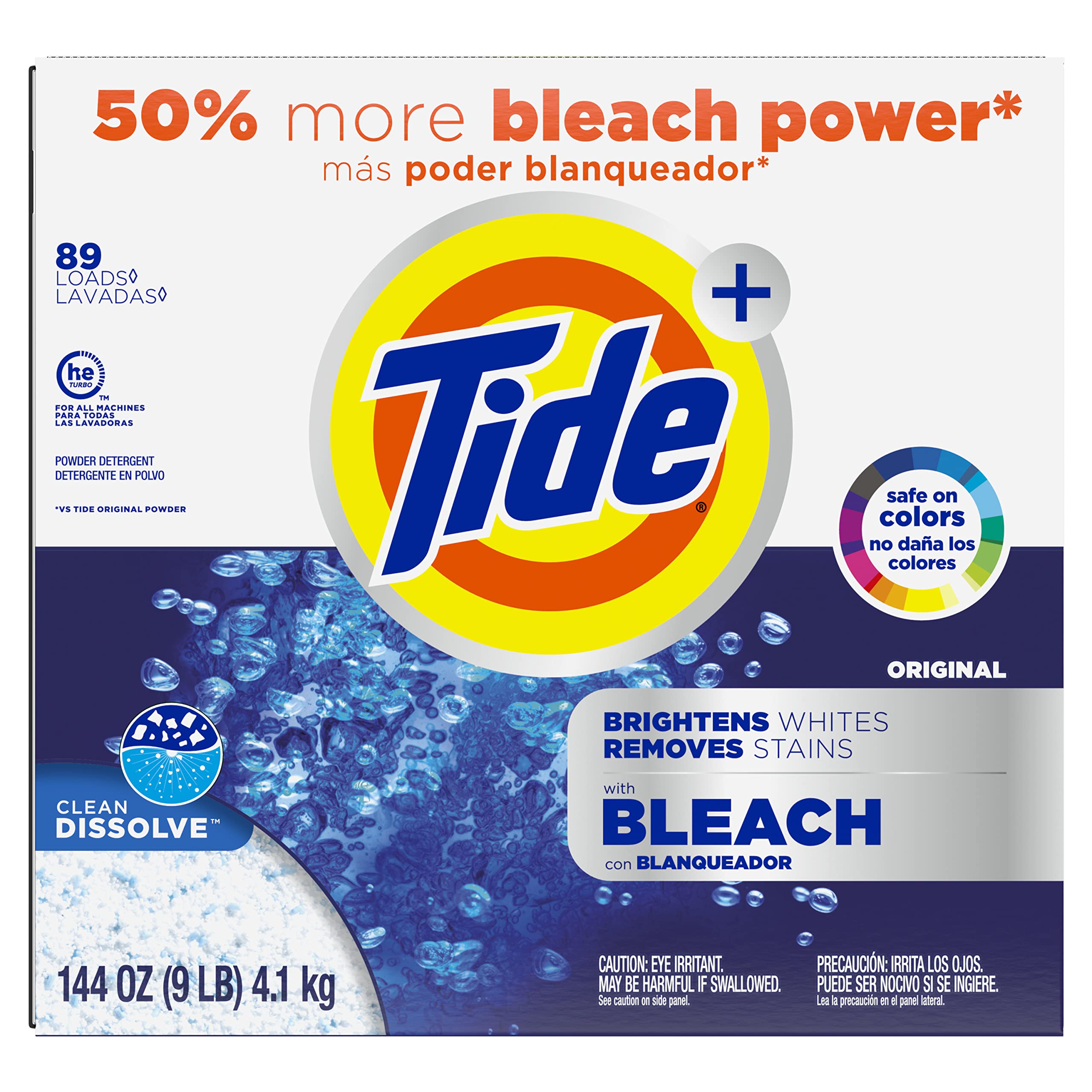 Tide plus Bleach Powder Laundry Detergent, Original, 144 oz, 89 loads