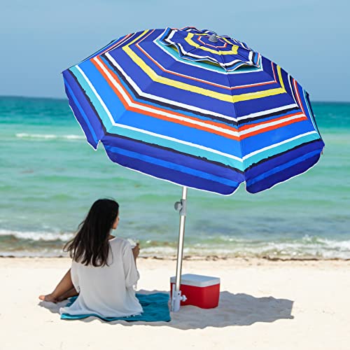 AMMSUN 7ft Heavy Duty High Wind Beach Umbrella with Sand Anchor & Tilt Sun Shelter UV 50+ Protection Outdoor Sunshade Umbrellas Carry Bag for Patio Garden Pool Backyard Multicolor Stripe