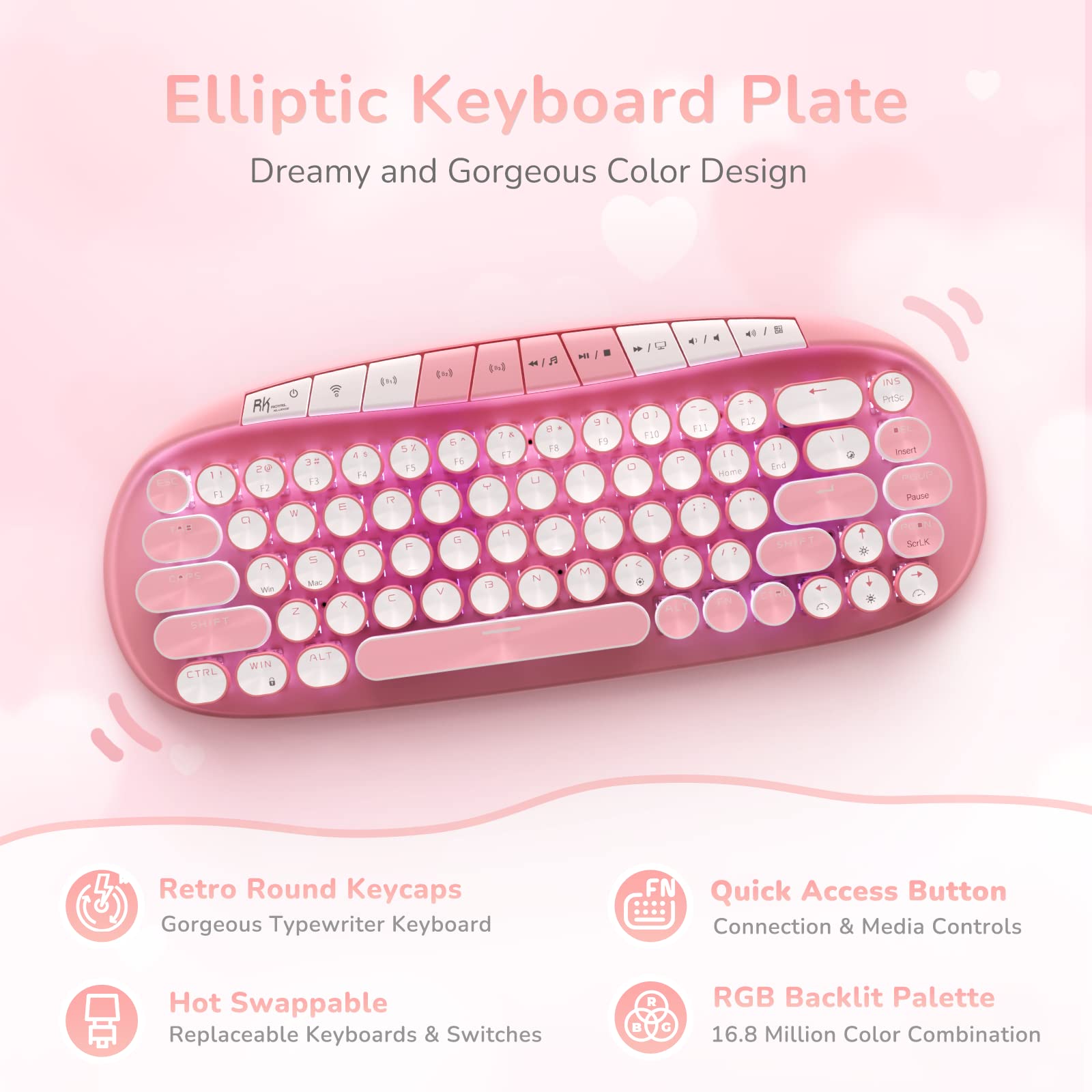 RK ROYAL KLUDGE RK838 Pink Wireless Keyboard, Retro Typewriter Keyboard BT/2.4G/Wired Mode, 75% RGB Hot Swappable Gaming Keyboard with Round Keys 10 Buttons, Pink Switch