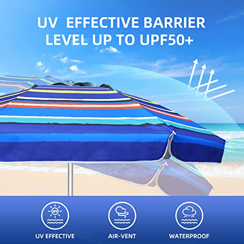AMMSUN 7ft Heavy Duty High Wind Beach Umbrella with Sand Anchor & Tilt Sun Shelter UV 50+ Protection Outdoor Sunshade Umbrellas Carry Bag for Patio Garden Pool Backyard Multicolor Stripe