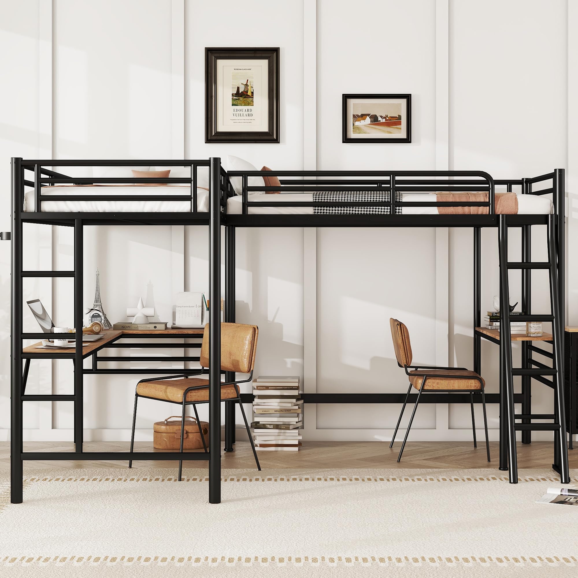 MERITLINE Metal Twin Size L-Shaped Loft Bed, Twin Size Loft Bed Frame with Two Built-in Desks Underneath for Kids Boys Teens, Black