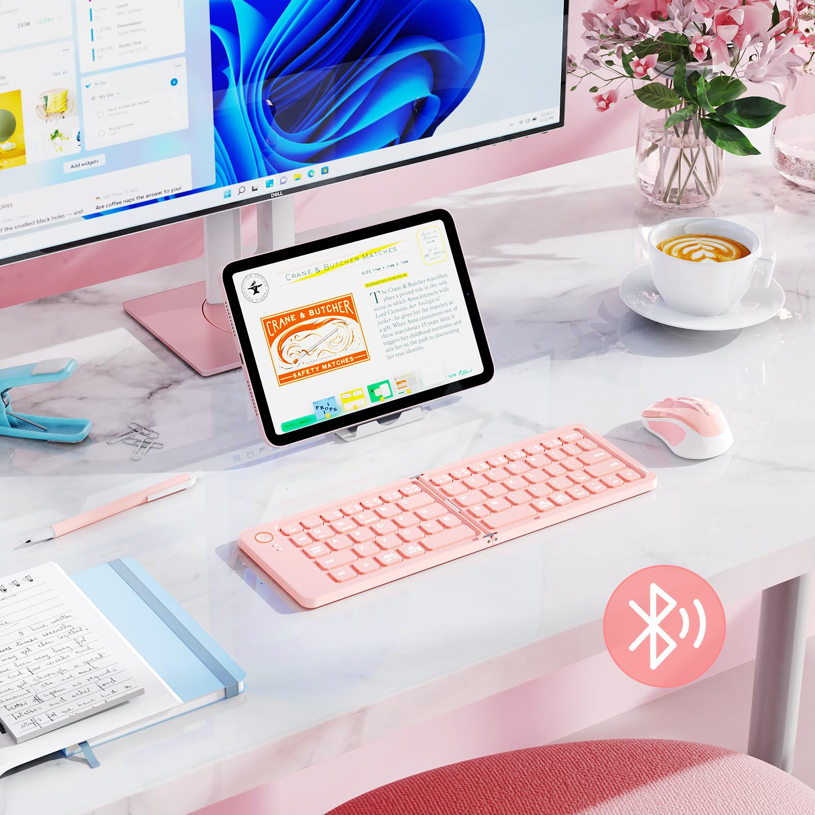 MEETION Foldable Keyboard and Mouse, Portable Bluetooth Keyboard and Mini Mouse with Stand Holder, for Travel, Business, Gifts, USB-C Rechargeable, Travel Keyboard Mouse for iPad Tablets Laptop, Pink