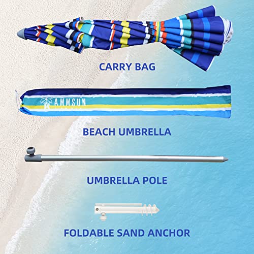AMMSUN 7ft Heavy Duty High Wind Beach Umbrella with Sand Anchor & Tilt Sun Shelter UV 50+ Protection Outdoor Sunshade Umbrellas Carry Bag for Patio Garden Pool Backyard Multicolor Stripe