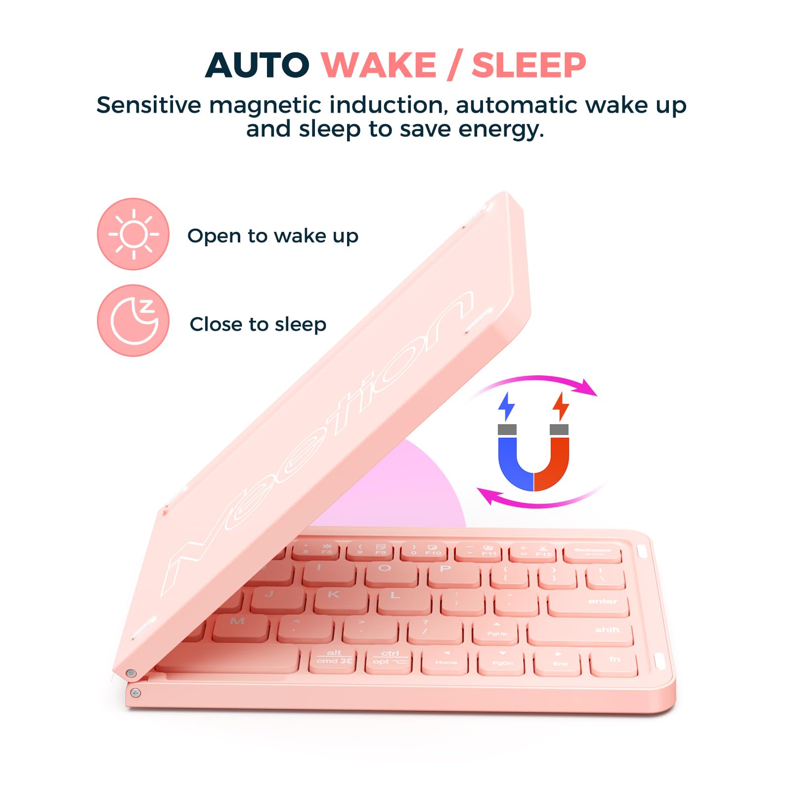MEETION Foldable Keyboard and Mouse, Portable Bluetooth Keyboard and Mini Mouse with Stand Holder, for Travel, Business, Gifts, USB-C Rechargeable, Travel Keyboard Mouse for iPad Tablets Laptop, Pink