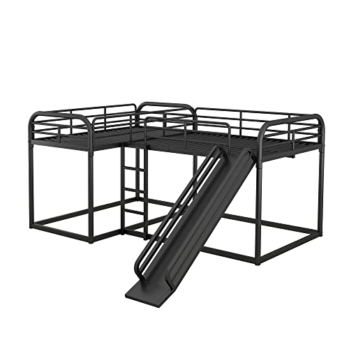Lifeand Full and Twin Size L-Shaped Bunk Bed with Slide and Short Ladder, Black
