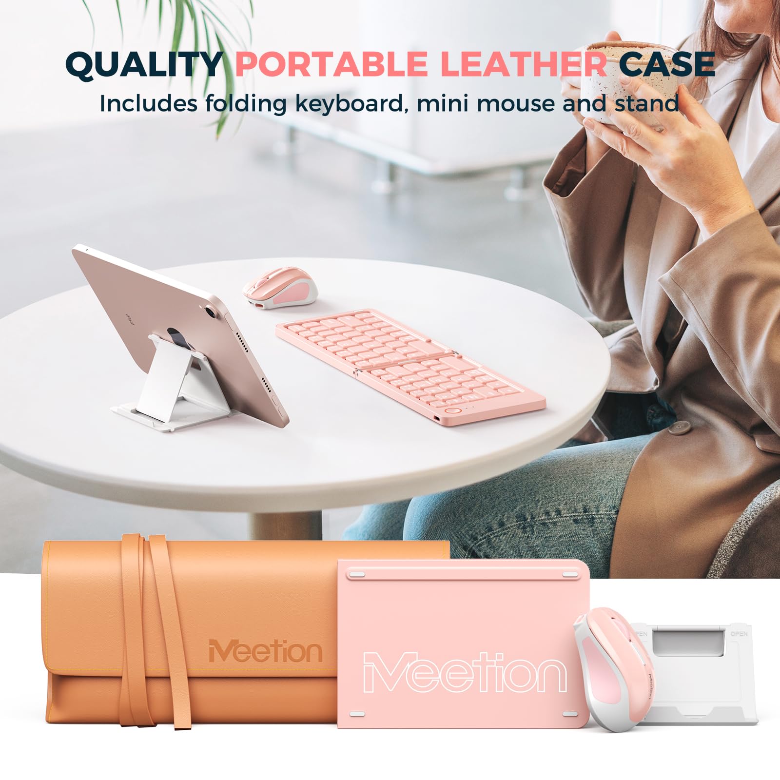 MEETION Foldable Keyboard and Mouse, Portable Bluetooth Keyboard and Mini Mouse with Stand Holder, for Travel, Business, Gifts, USB-C Rechargeable, Travel Keyboard Mouse for iPad Tablets Laptop, Pink