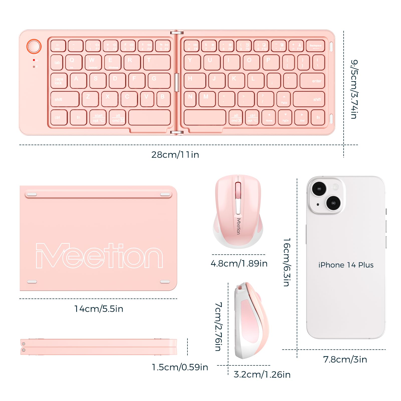 MEETION Foldable Keyboard and Mouse, Portable Bluetooth Keyboard and Mini Mouse with Stand Holder, for Travel, Business, Gifts, USB-C Rechargeable, Travel Keyboard Mouse for iPad Tablets Laptop, Pink