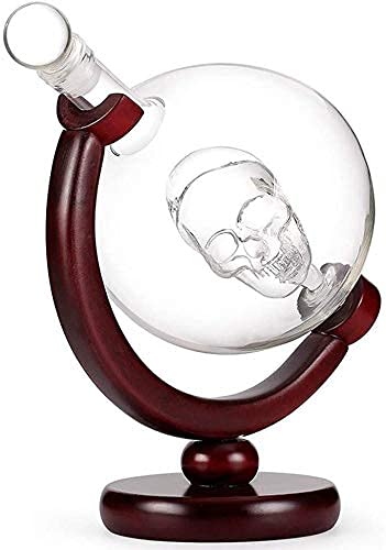 Whiskey Decanter Set whiskey gifts for men Skull Decanter, Rotating Clear Glass Globe Includes 2 Skull Shot Cups, Liquor Dispenser with Wooden Stand, Whiskey Decanter with Antique Ship