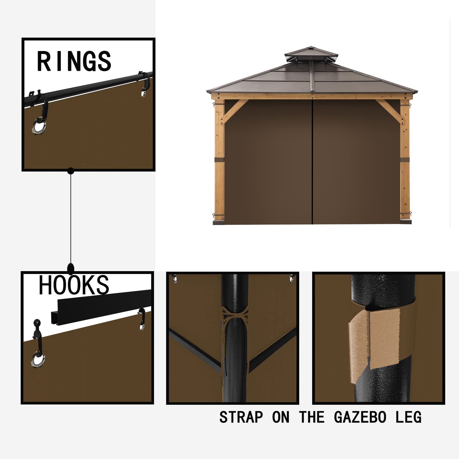 Garden Sunny10'x12' Replacement Gazebo Curtains for Outdoor Waterproof Privacy Sidewall,Universal Shade Curtains Set,Protecting Side Walls- 4-Panels (Only Curtains)-Brown (GSAW)
