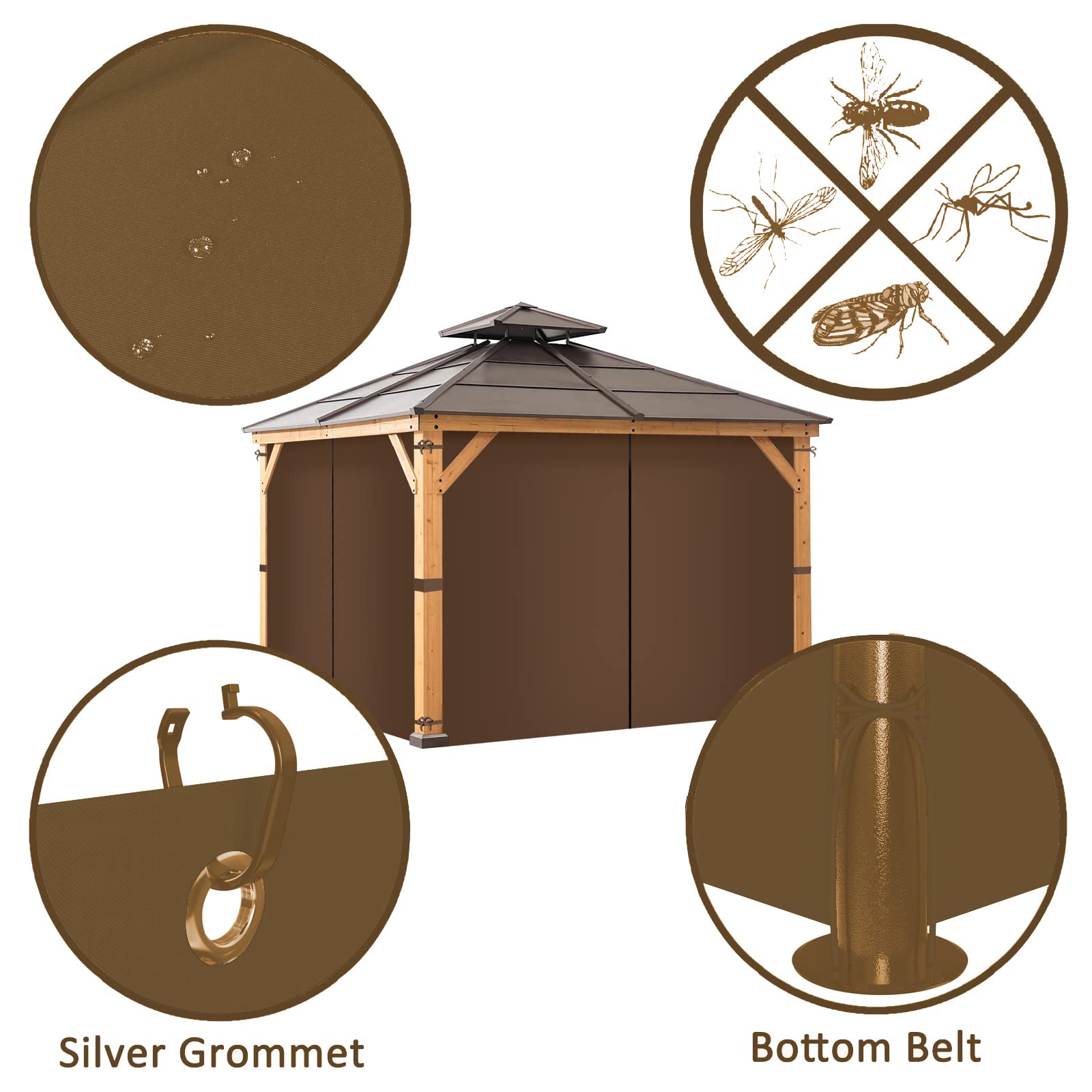 Garden Sunny10'x12' Replacement Gazebo Curtains for Outdoor Waterproof Privacy Sidewall,Universal Shade Curtains Set,Protecting Side Walls- 4-Panels (Only Curtains)-Brown (GSAW)