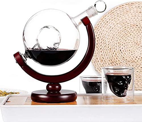 Whiskey Decanter Set whiskey gifts for men Skull Decanter, Rotating Clear Glass Globe Includes 2 Skull Shot Cups, Liquor Dispenser with Wooden Stand, Whiskey Decanter with Antique Ship