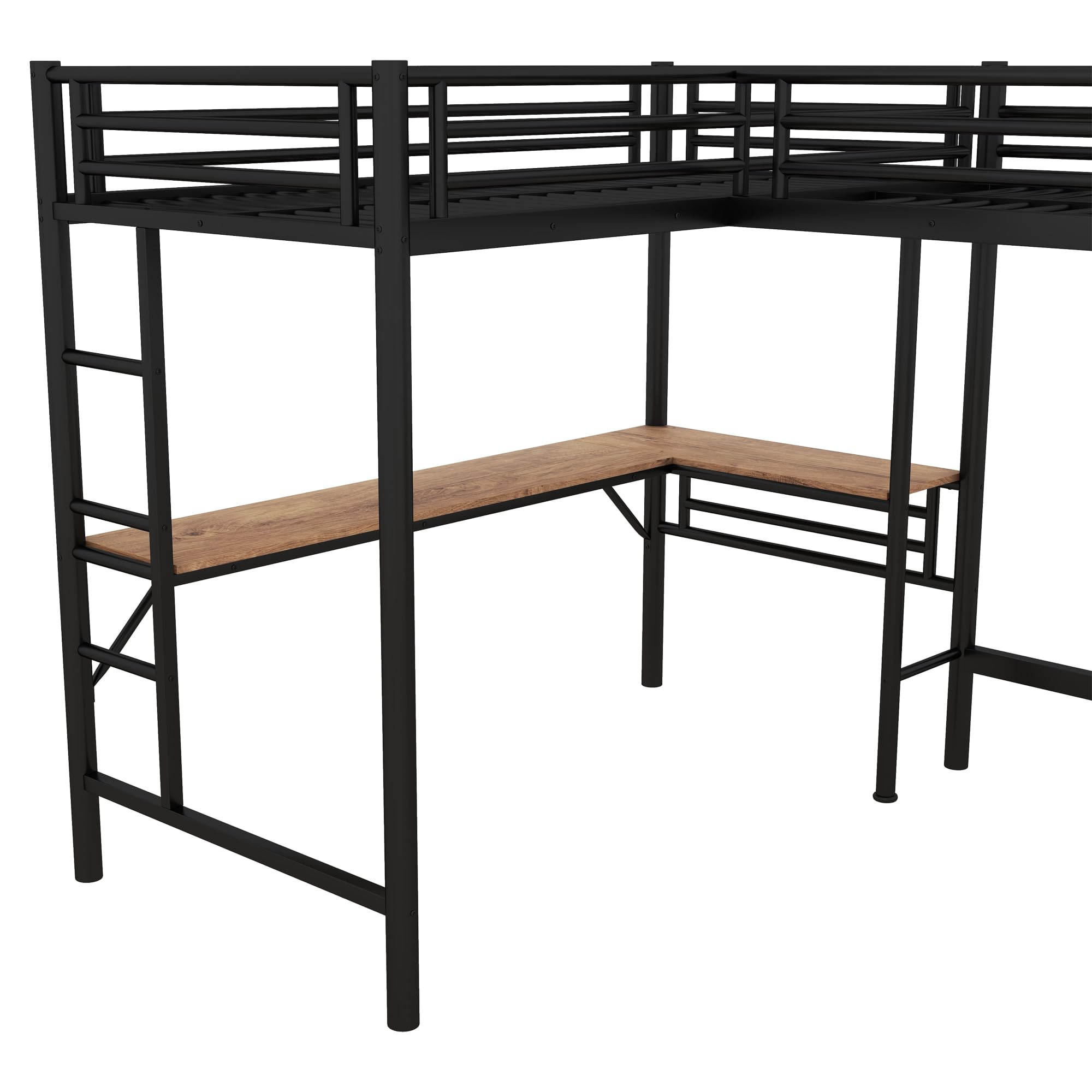 MERITLINE Metal Twin Size L-Shaped Loft Bed, Twin Size Loft Bed Frame with Two Built-in Desks Underneath for Kids Boys Teens, Black