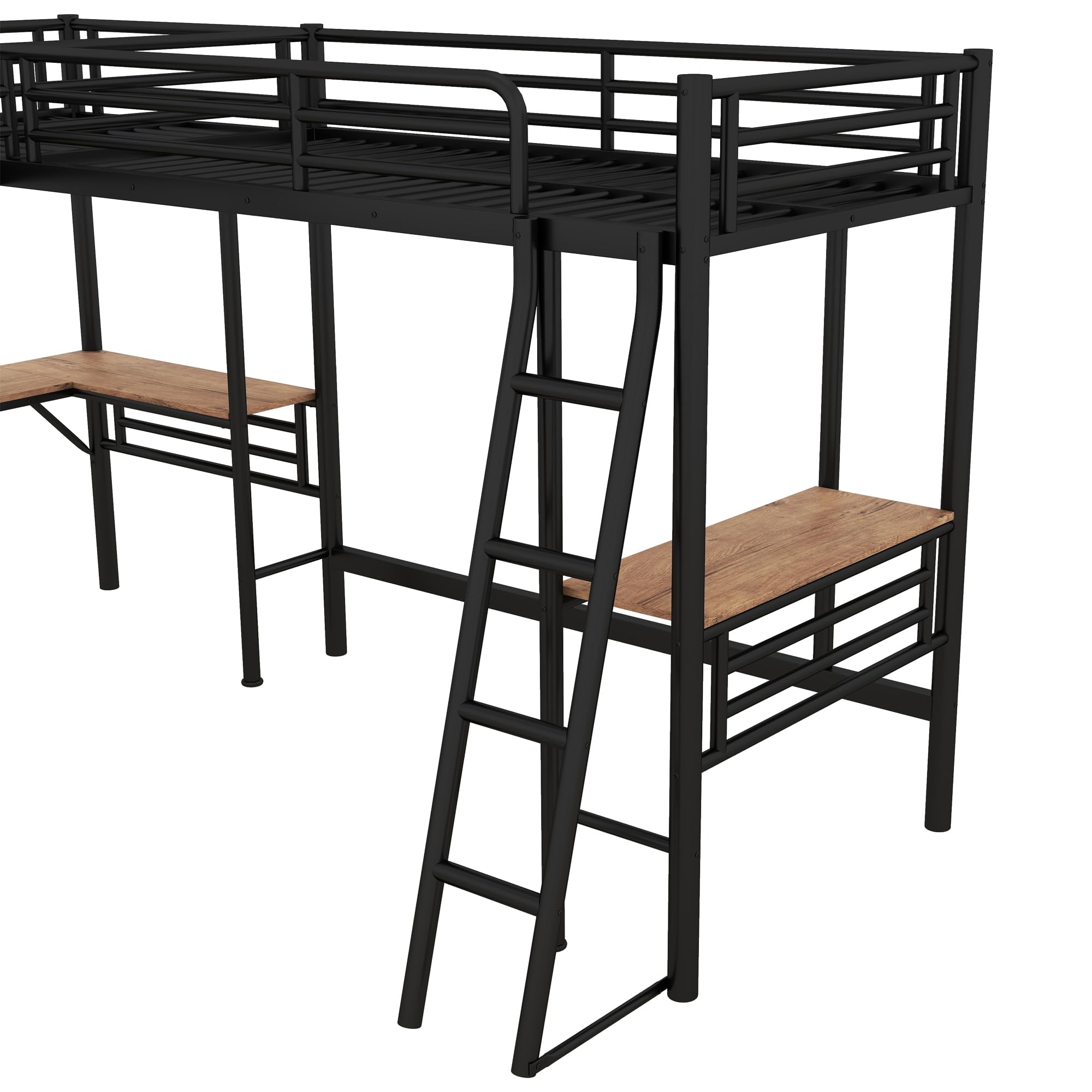 MERITLINE Metal Twin Size L-Shaped Loft Bed, Twin Size Loft Bed Frame with Two Built-in Desks Underneath for Kids Boys Teens, Black