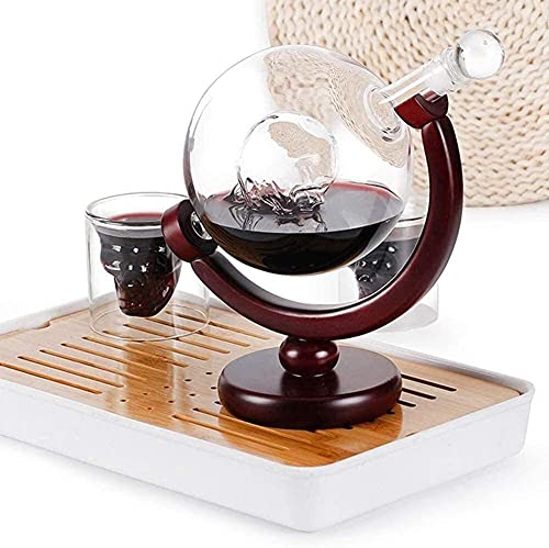Whiskey Decanter Set whiskey gifts for men Skull Decanter, Rotating Clear Glass Globe Includes 2 Skull Shot Cups, Liquor Dispenser with Wooden Stand, Whiskey Decanter with Antique Ship