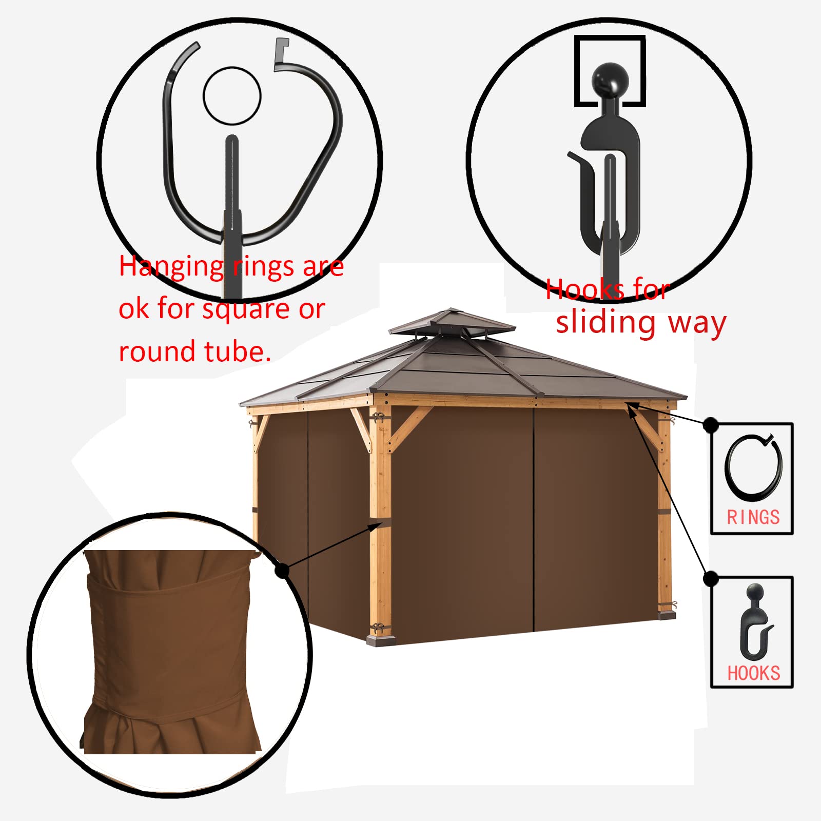 Garden Sunny10'x12' Replacement Gazebo Curtains for Outdoor Waterproof Privacy Sidewall,Universal Shade Curtains Set,Protecting Side Walls- 4-Panels (Only Curtains)-Brown (GSAW)