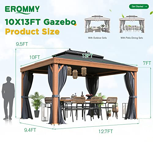 EROMMY 10'x13' Hardtop Gazebo Outdoor Aluminum Wood Grain Gazebos with Galvanized Steel Roof and Mosquito Net for Patios, Deck, Backyard, Curtains & Netting