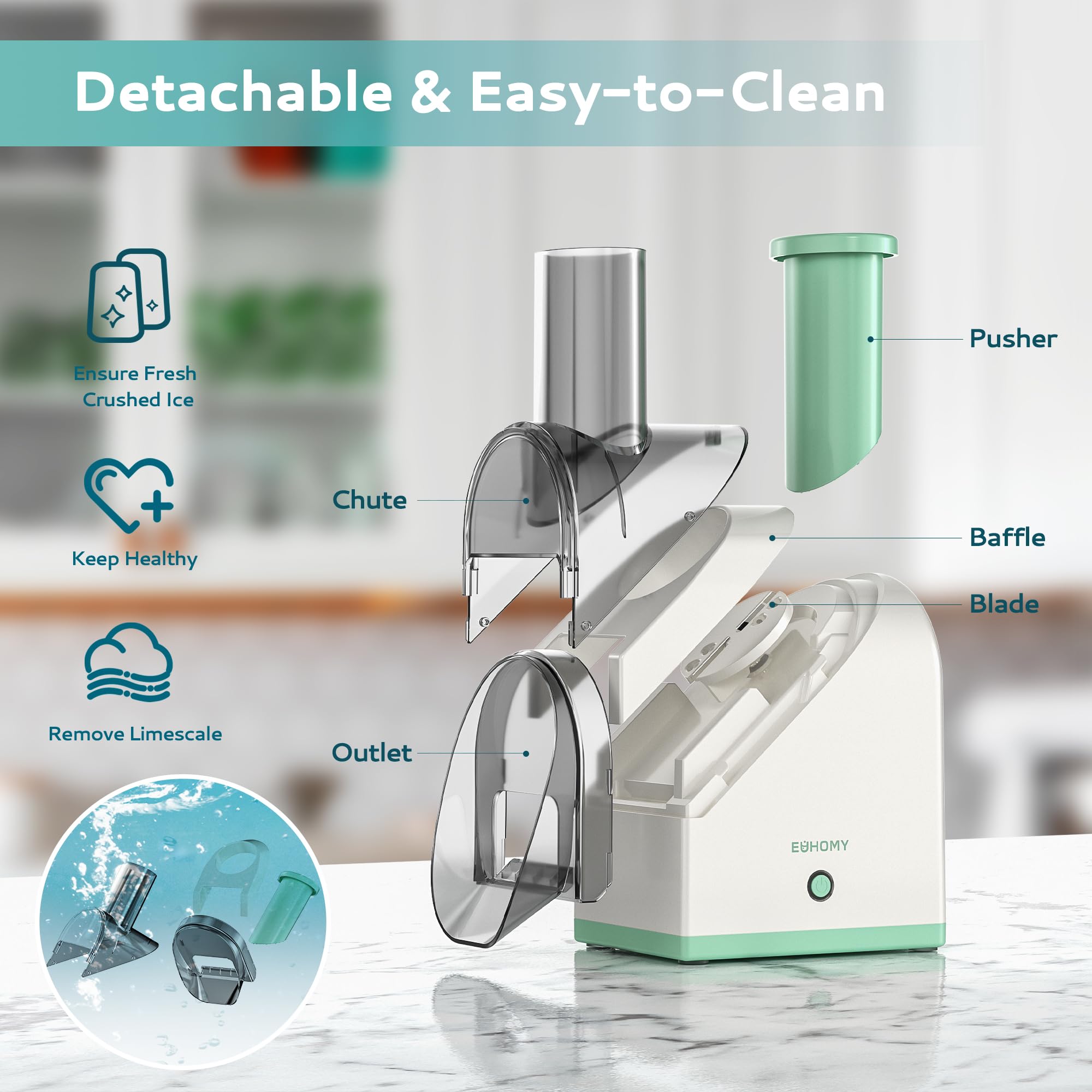 EUHOMY Shaved Ice Machine with Batteries, USB Rechargeable, Crushed Ice in 3s, 45 lbs in 40 Mins, Dual Steel Blades, Easy-to-Clean, Snow Cone Maker with Scraper, for Home/Kitchen/Camping. (White)