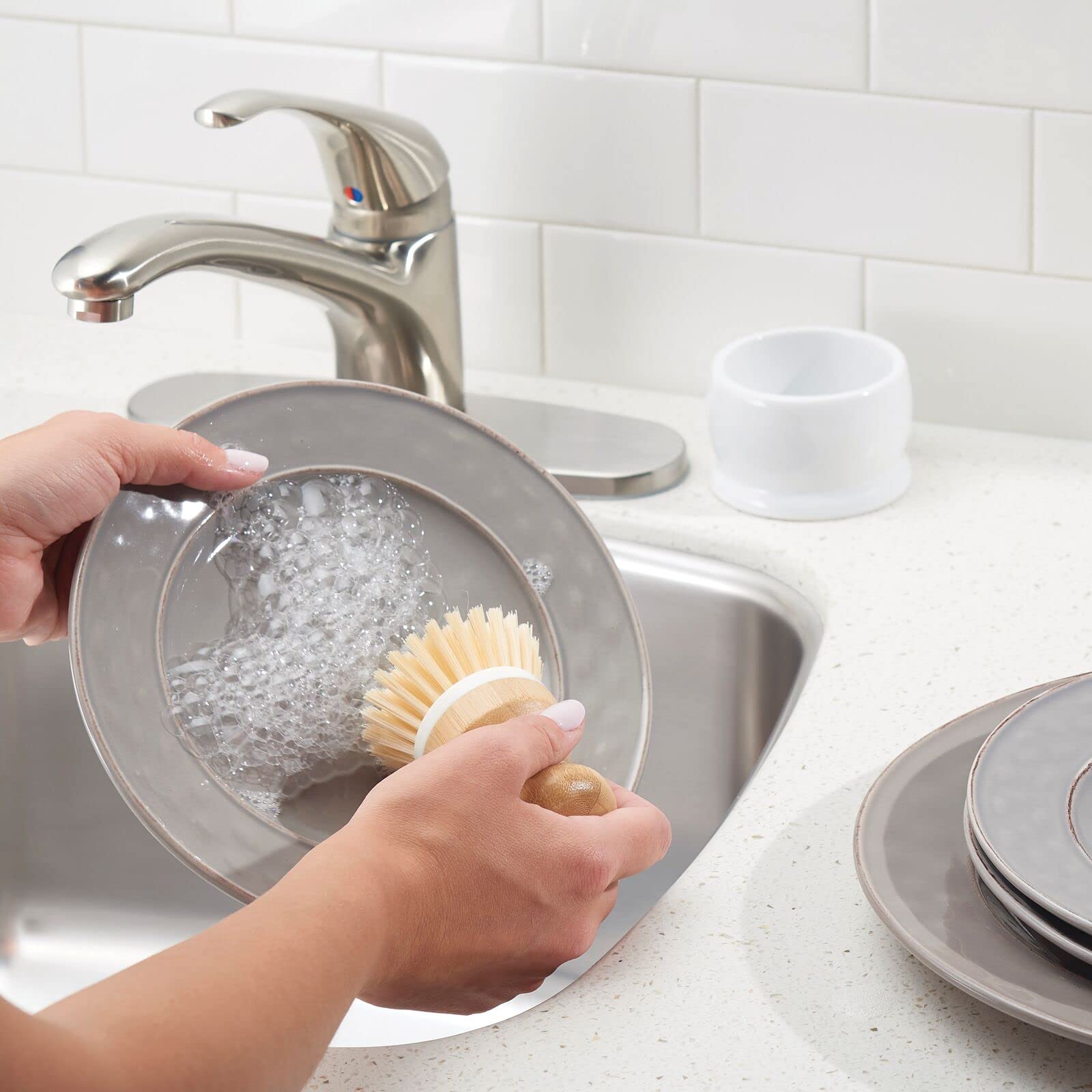mDesign Bamboo Wood Round Mini Palm Scrub Brush with Holder for Kitchen Sink, Bathroom, Household Cleaning - Wash Dishes, Pots, Pans, Vegetables - Echo Collection - White/Natural