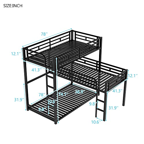 BIADNBZ L-Shaped Metal Triple Twin Size Bunk Bed with Integrated Ladder and Full-Length Guardrails for Kids/Bedroom,Black