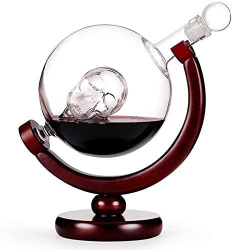 Whiskey Decanter Set whiskey gifts for men Skull Decanter, Rotating Clear Glass Globe Includes 2 Skull Shot Cups, Liquor Dispenser with Wooden Stand, Whiskey Decanter with Antique Ship