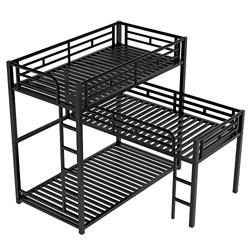 BIADNBZ L-Shaped Metal Triple Twin Size Bunk Bed with Integrated Ladder and Full-Length Guardrails for Kids/Bedroom,Black