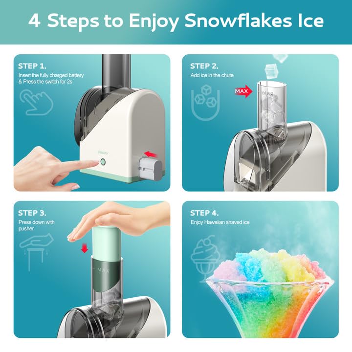 EUHOMY Shaved Ice Machine with Batteries, USB Rechargeable, Crushed Ice in 3s, 45 lbs in 40 Mins, Dual Steel Blades, Easy-to-Clean, Snow Cone Maker with Scraper, for Home/Kitchen/Camping. (White)