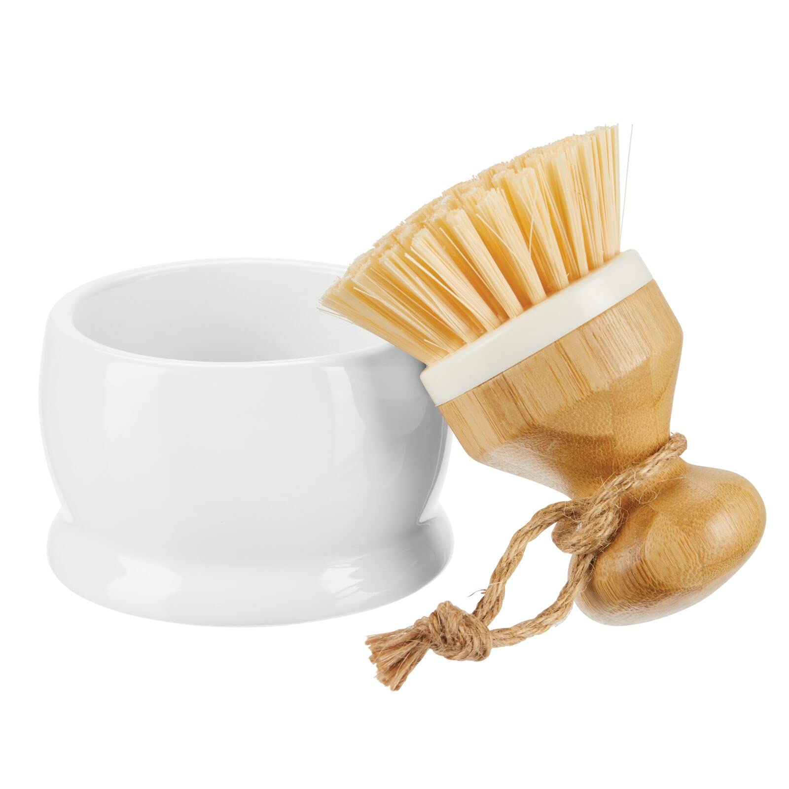 mDesign Bamboo Wood Round Mini Palm Scrub Brush with Holder for Kitchen Sink, Bathroom, Household Cleaning - Wash Dishes, Pots, Pans, Vegetables - Echo Collection - White/Natural