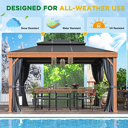 EROMMY 10'x13' Hardtop Gazebo Outdoor Aluminum Wood Grain Gazebos with Galvanized Steel Roof and Mosquito Net for Patios, Deck, Backyard, Curtains & Netting